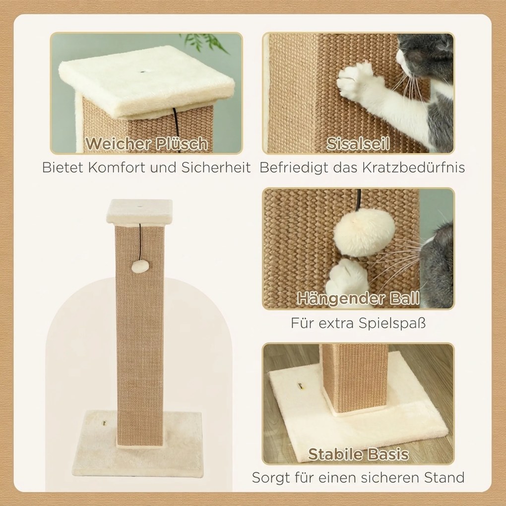 PawHut Kočičí Škrabadlo Výška 81 cm s Jutovým Sloupkem a Visícím Míčkem 41x41x81 cm Béžové