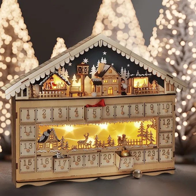 SOLIGHT LED adventní kalendář Horská chata, 10x LED, 50x40cm, 2x AA