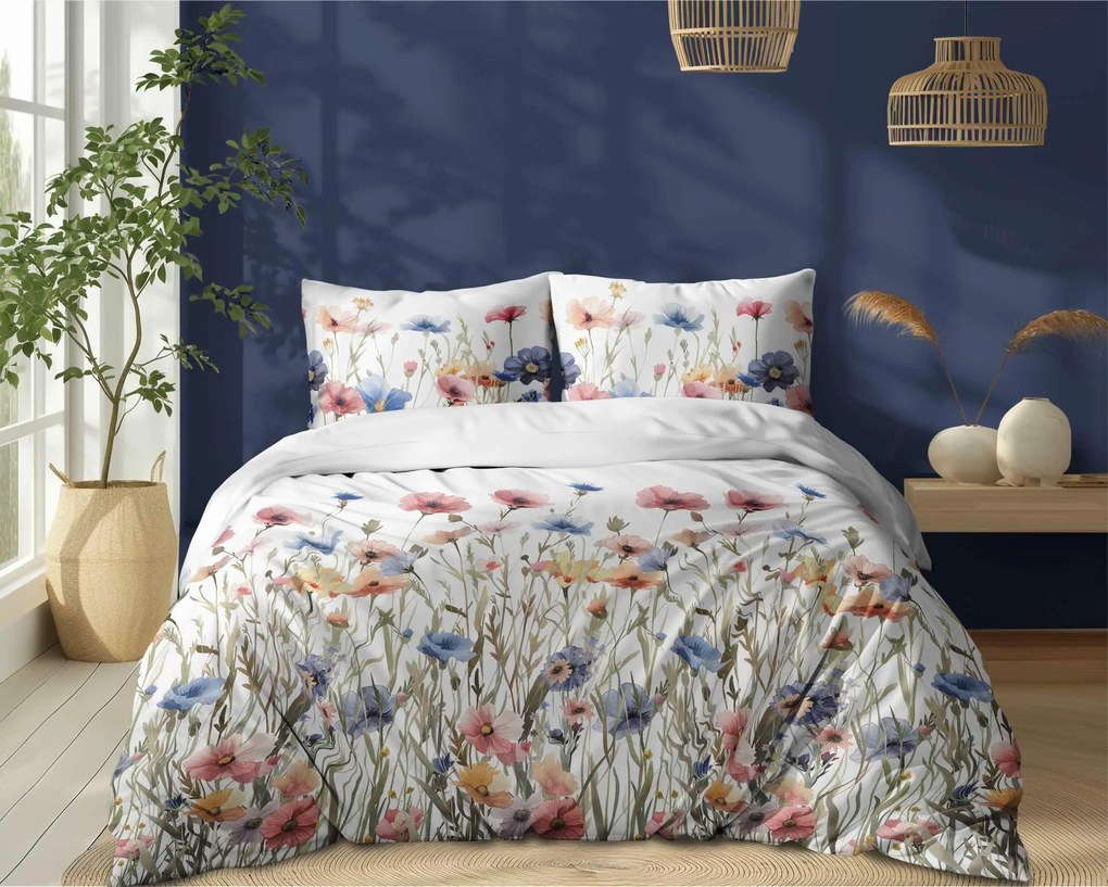 Detexpol Bavlněné povlečení 220x200 Bílé s letními lučními květy - barevné povlečení v boho stylu, 100% bavlna - 5341 A - Soft Meadow