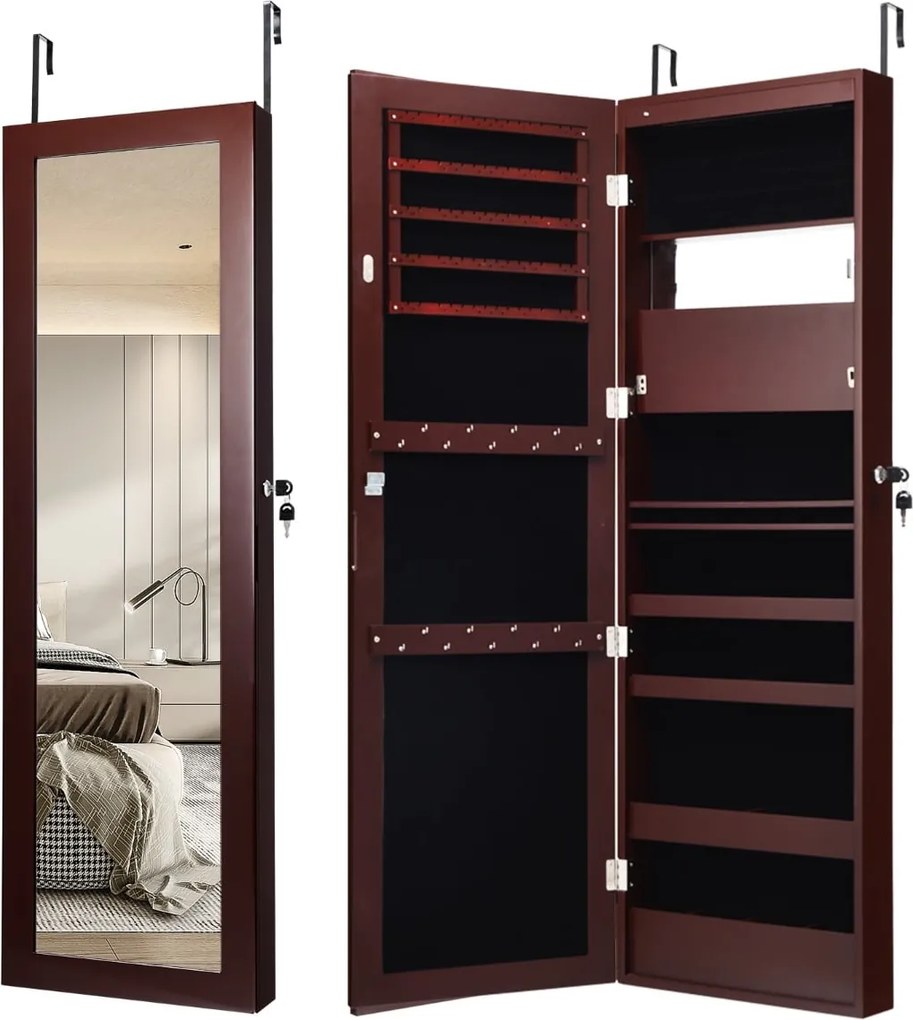 Costway Šperkovnice se zrcadlovou kosmetickou skříňkou s lemovanými policemi