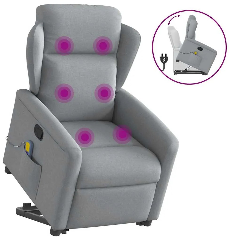 Zvedací masážní polohovací křeslo světle šedé textil 3303144