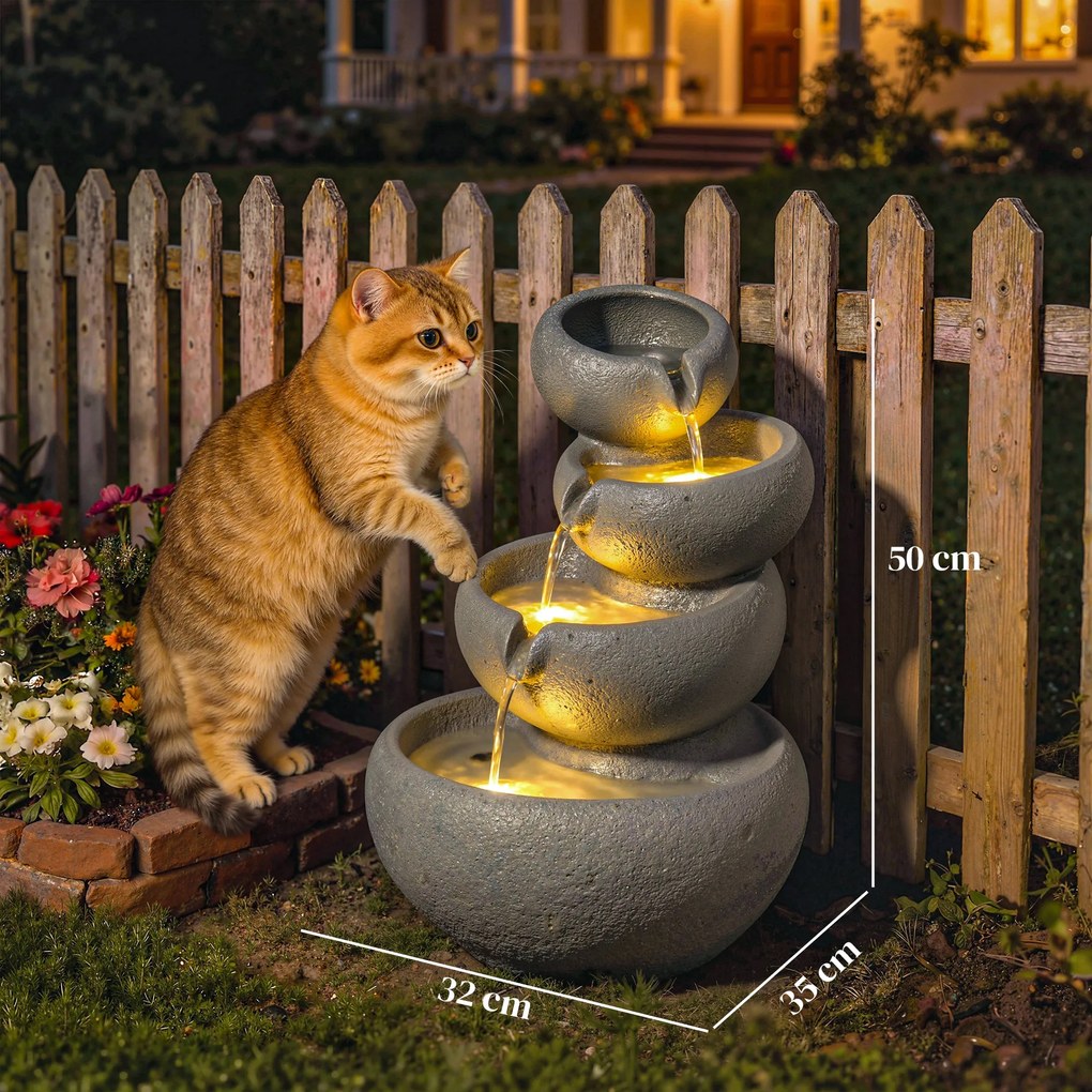 Venkovní fontána ze syntetické pryskyřice 4-stupňová zahradní fontána s LED osvětlením čerpadlo vzhled kamene 35 x 32 x 50 cm