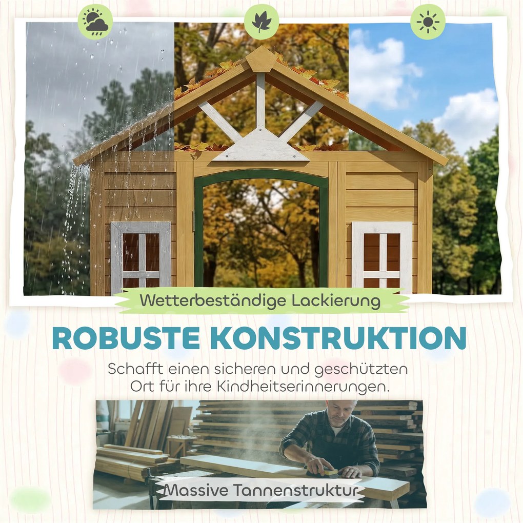 AIYAPLAY Dětský domek na hraní Dřevěný venkovní domek na hraní s dveřmi 3 okny 2 truhlíky na květiny pro děti od 3 do 8 let 134,5 x 97 x 150 cm Hnědá…