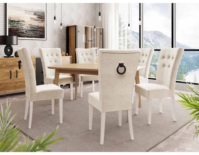 Rozkládací stůl 140x80 se 6 židlemi ST67, barva: černá, barva: bílá, Klepadlo: černé, Potah: Magic Velvet 2250