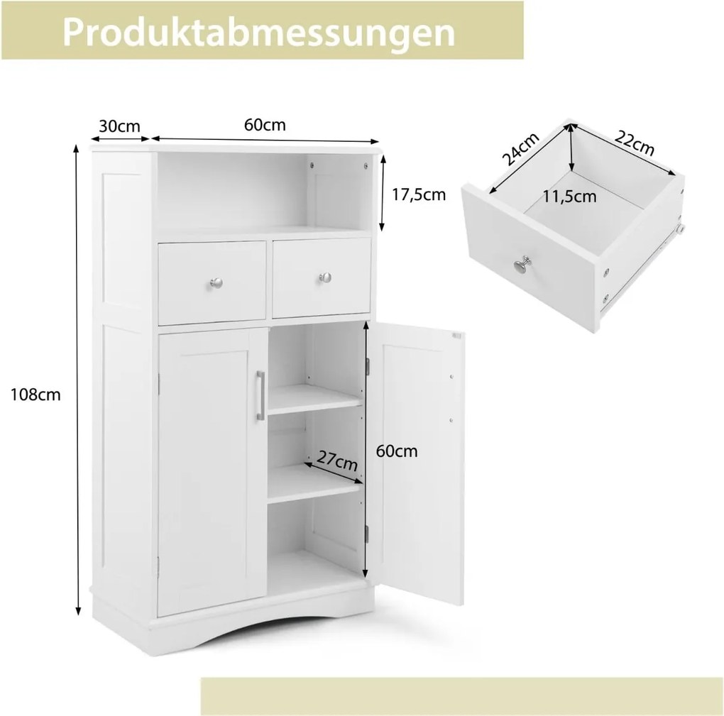 Costway Volně stojící koupelnová skříňka s 2 dvířky – 60 × 30 × 108 cm