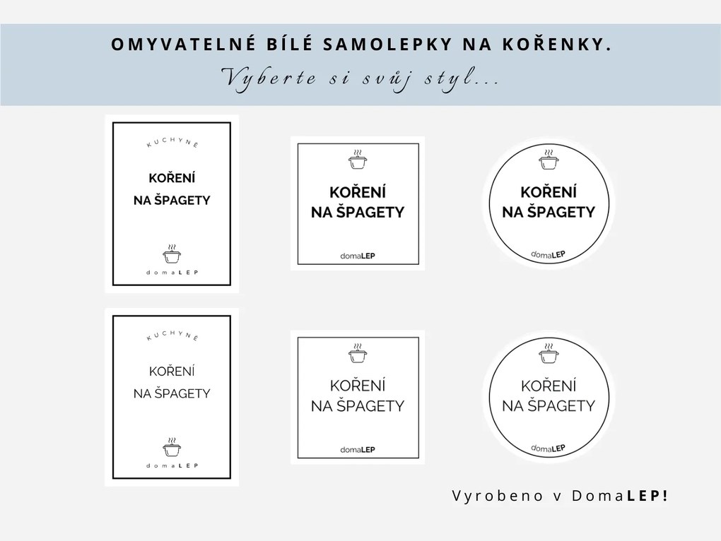 KOŘENÍ NA ŠPAGETY - omyvatelná samolepka na kořenky, výběr rozměrů Ø 5 cm / 5 x 5 cm / 6 x 8 cm | DomaLEP tvar: KOLEČKO, barva: BÍLÁ - ČERNÉ písmo, velikost: Ø 5 cm - tučné písmo