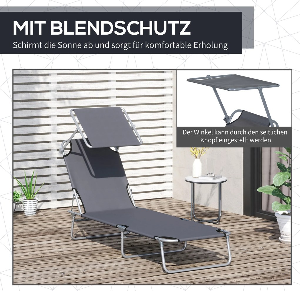 Skládací zahradní lehátko Outsunny s ochranou proti slunci šedé 187 x 58 x 36 cm ideální na pláž a terasu