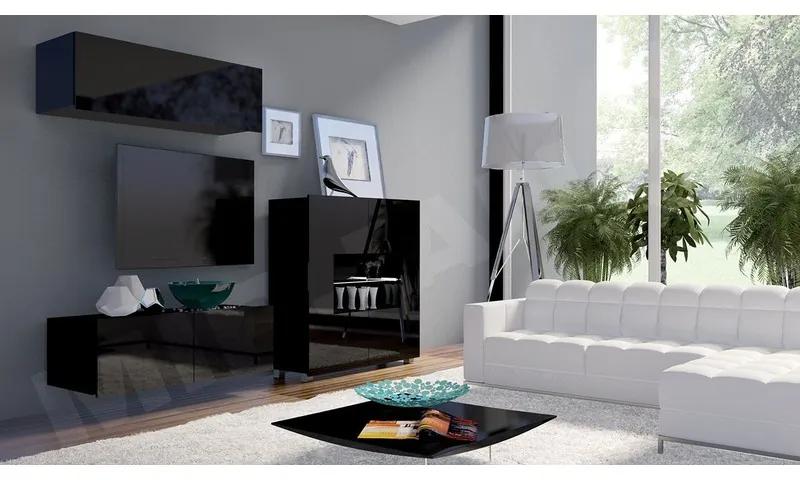 Obývací stěna Bralani IX, Barva: černá + černá lesk / bílá + bílá lesk, Osvětlení: osvětlení LED - modré