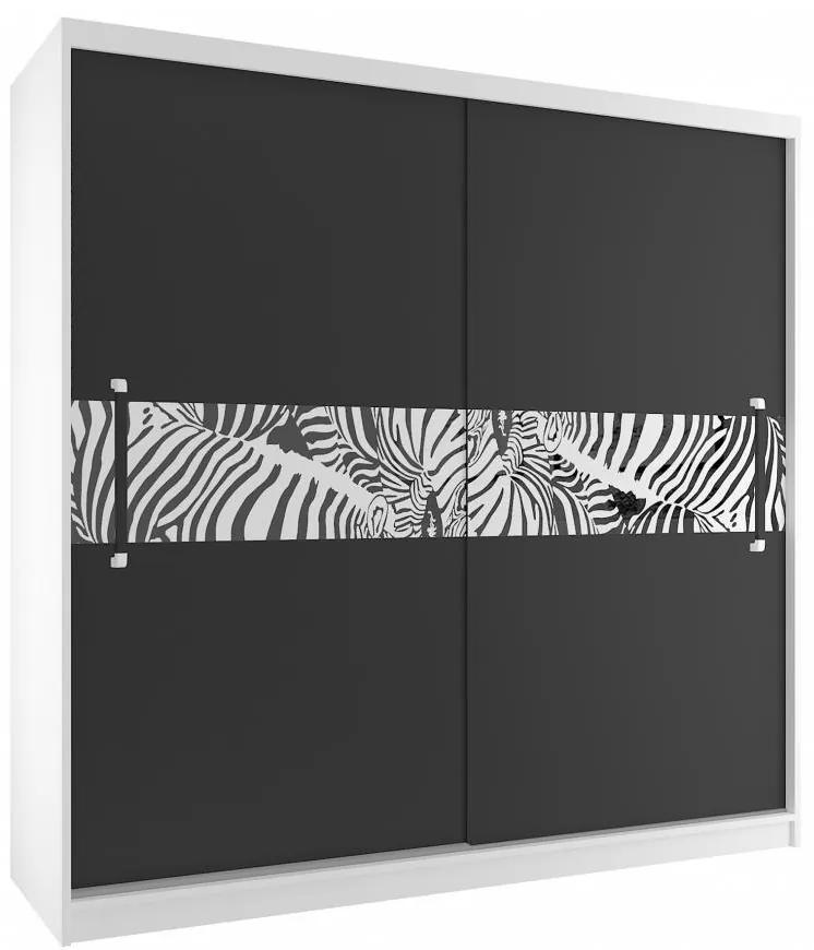 Šatní skříň Adonia 200 s posuvnými dveřmi - bílá / černá / zebra