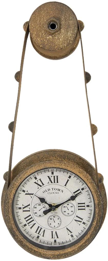 Kovové nástěnné hodiny na kladce hnědé - 18*9*44 cm Clayre & Eef