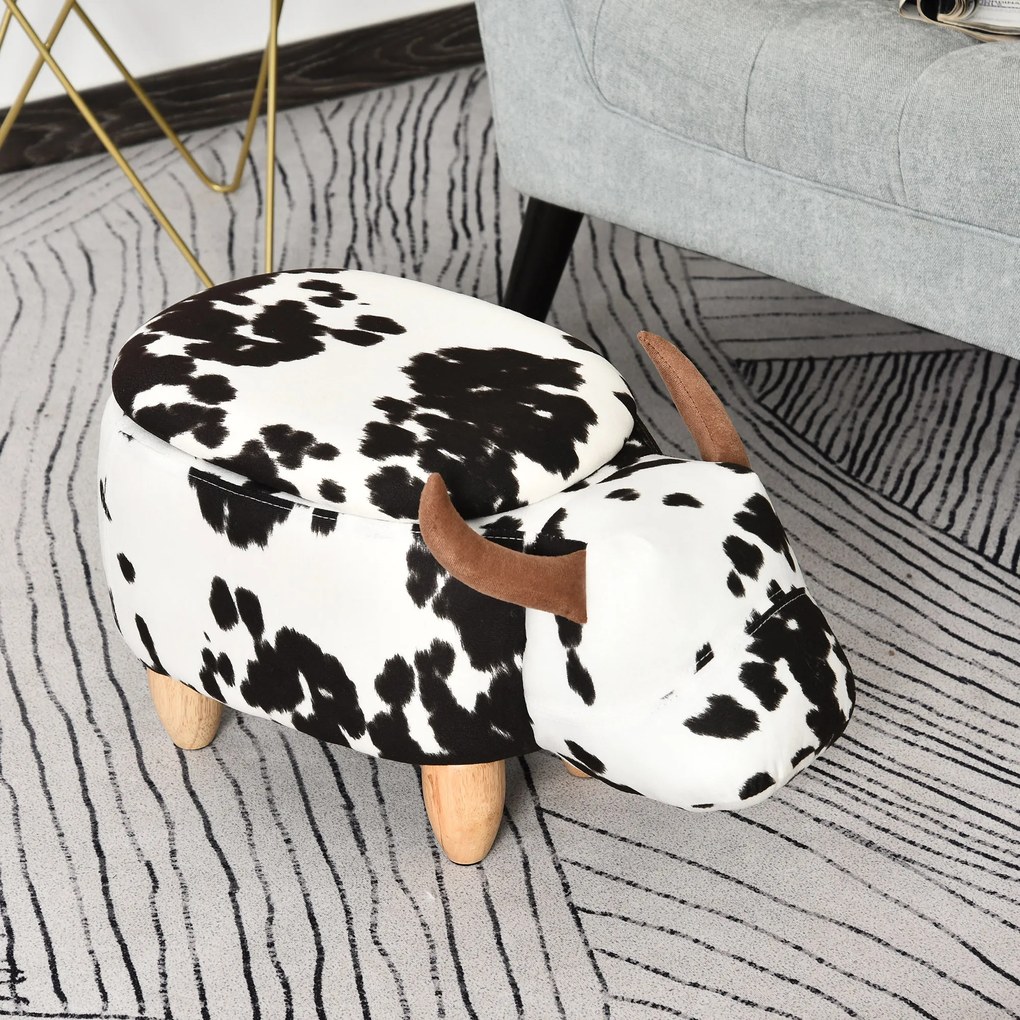 HOMCOM Zvířecí taburet Dekorativní taburet s úložným prostorem 62x35x36cm Čalouněný taburet v designu prasátka černobílý do obývacího a dětského poko…