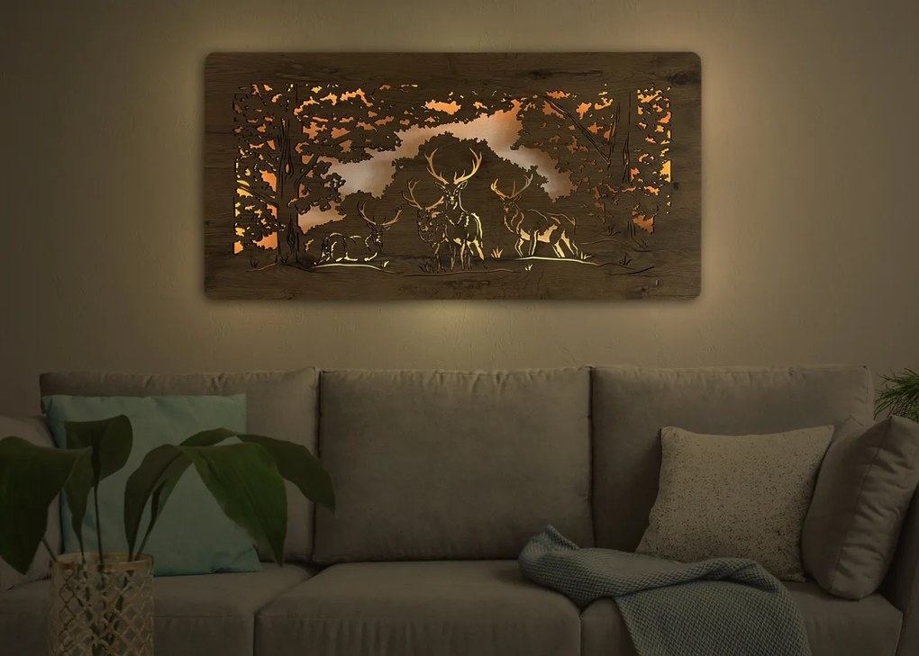 Li-Go "Jeleni" světelný obraz s baterií 120x60cm varianta: ovládání na obraze bez dálkového ovladače, provedení: dub světlý
