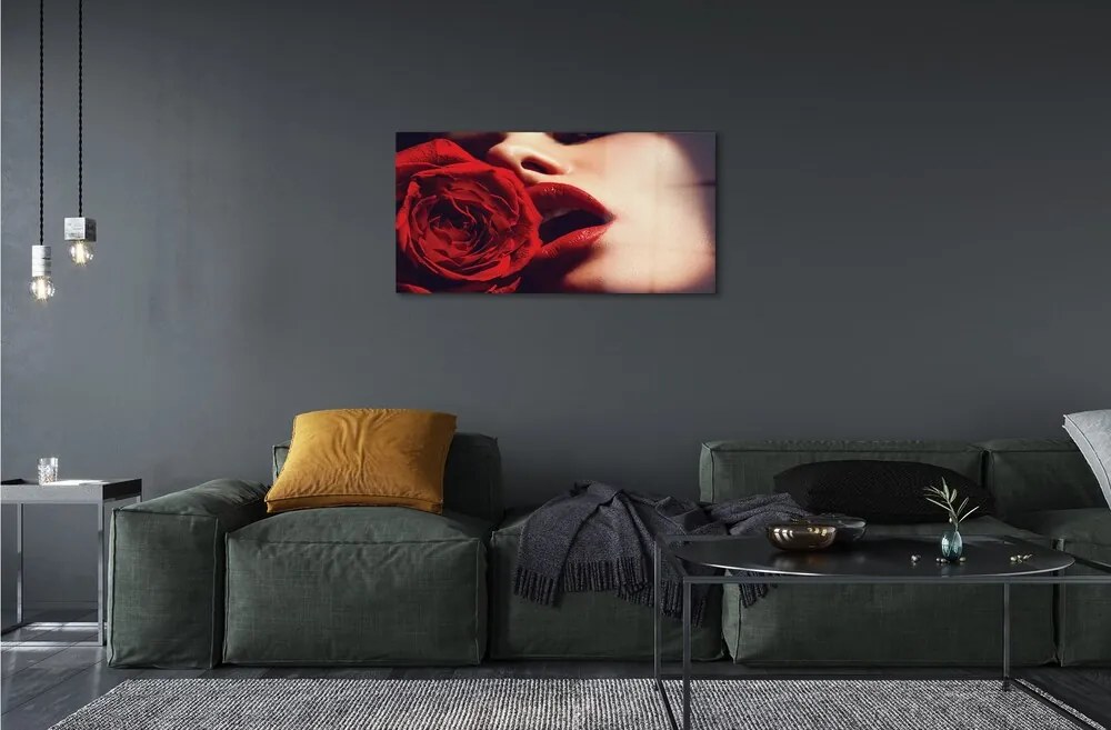 Obraz na skle Rose žena v ústech 120x60 cm