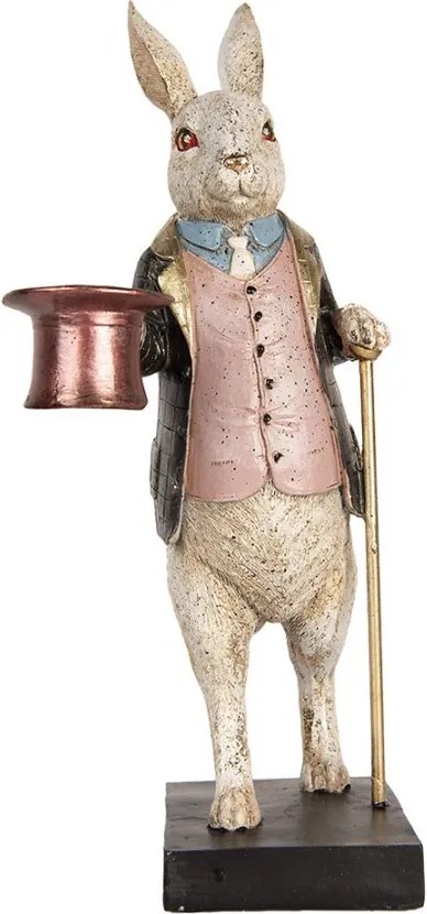 Dekorace králík s holí a kloboukem se zlatým třpytem - 17*14*33 cm