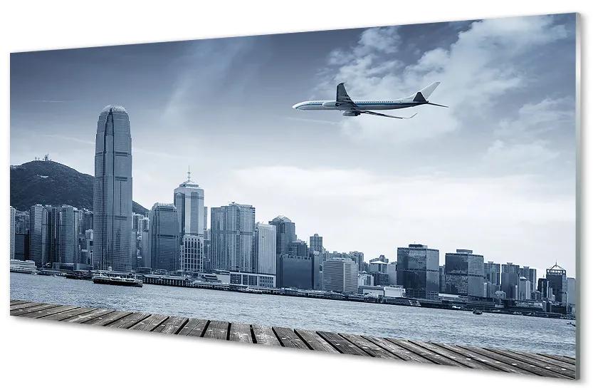akrylový obraz Letadel mraky město 125x50 cm
