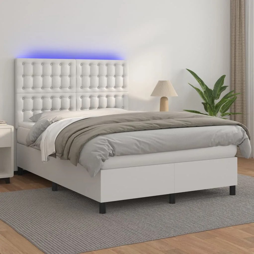 Box spring postel s matrací a LED bílá 140x190 cm umělá kůže