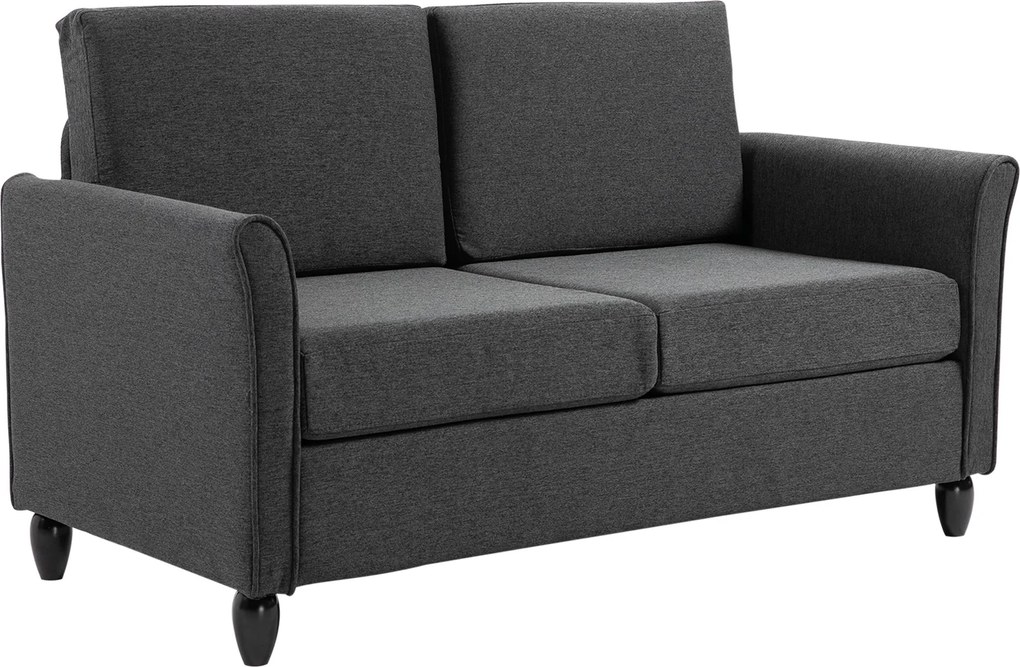 HOMCOM Široká dvoumístná pohovka s odnímatelnými polštáři pro obývací pokoj z látky s efektem lnu a pěny, 141x70x78 cm, tmavě šedá a černá | Aosom