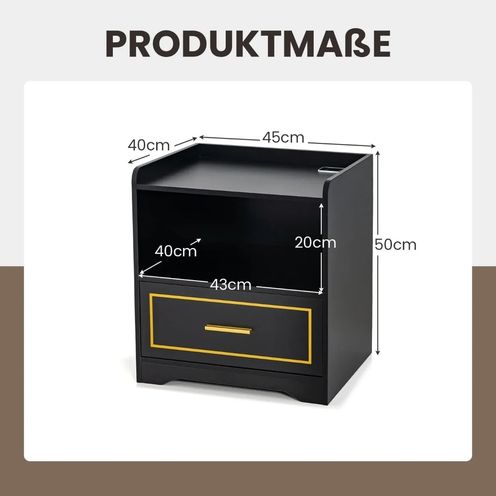 Costway Noční stolek s USB portem LED osvětlení a nočním stolkem nabíjecí
