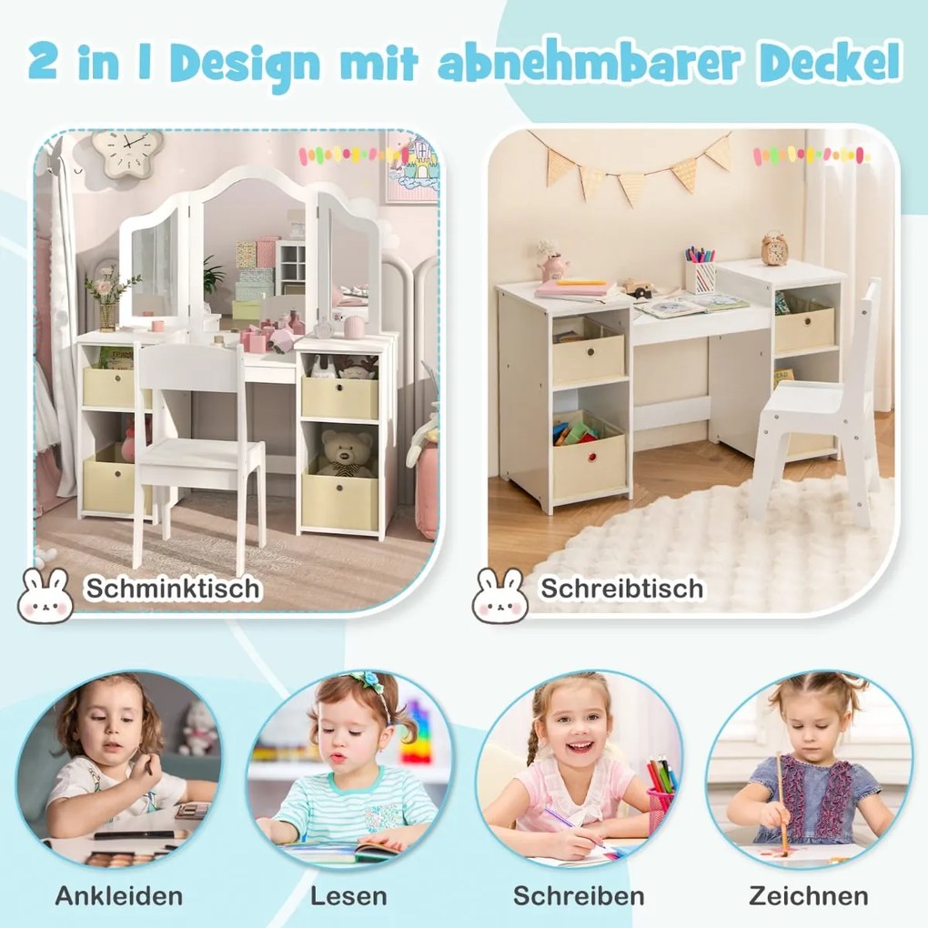 Costway 2 v 1 Dětský toaletní stolek s odnímatelným zrcadlem a úložnými boxy