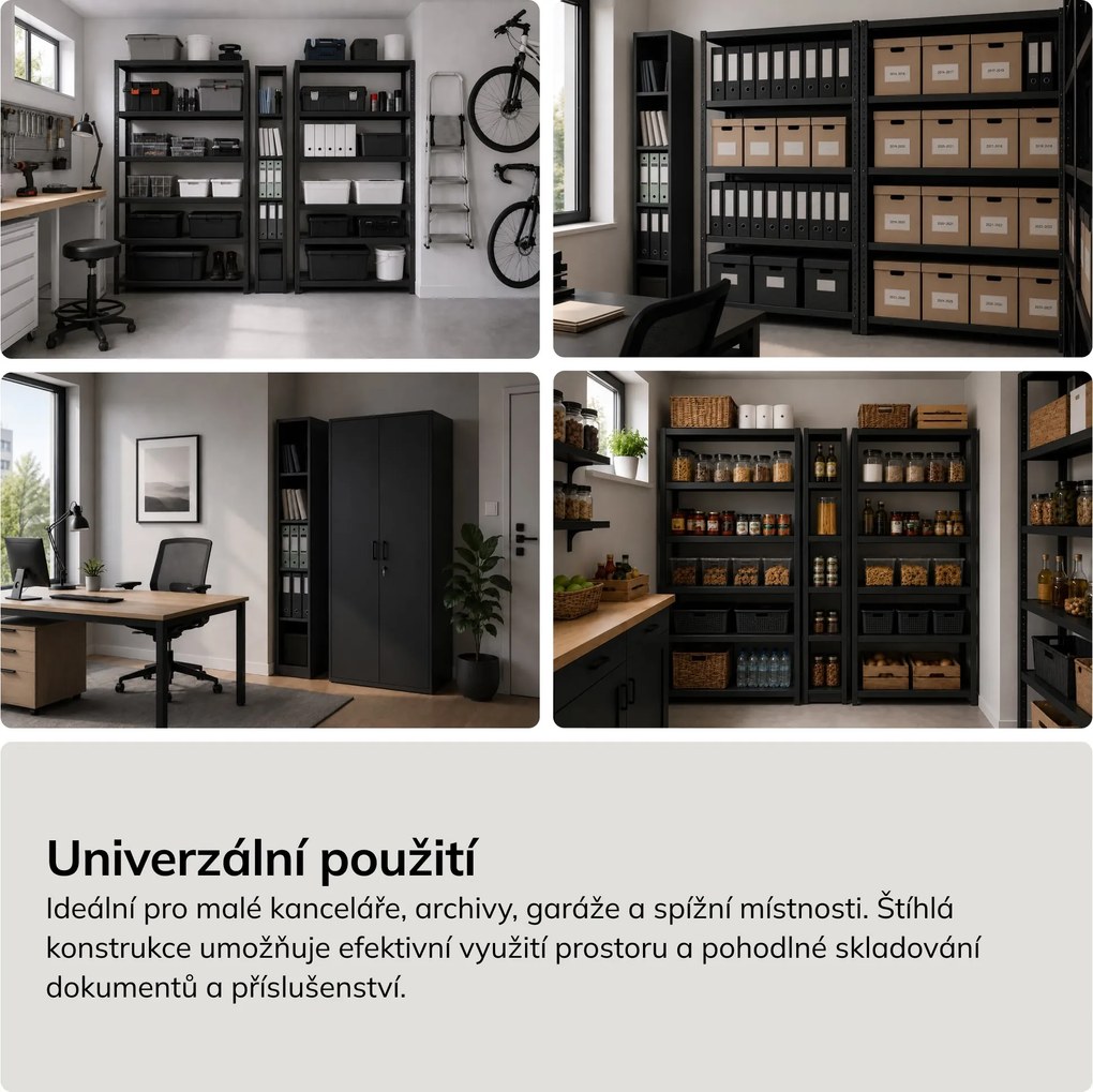Úzký kovový archivační regál na dokumenty černý, 250x1950x450 mm: TIM