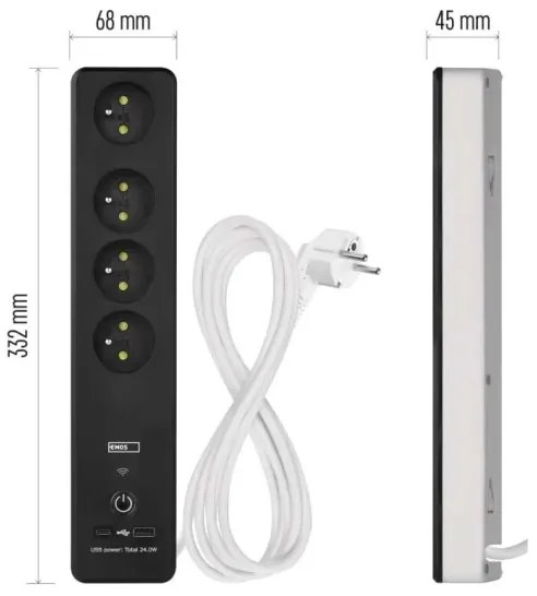 Chytrý prodluž. kabel s vypínačem GoSmart 4Z + 1xUSB-A + 1xUSB-C 2 m Wi-Fi Tuya