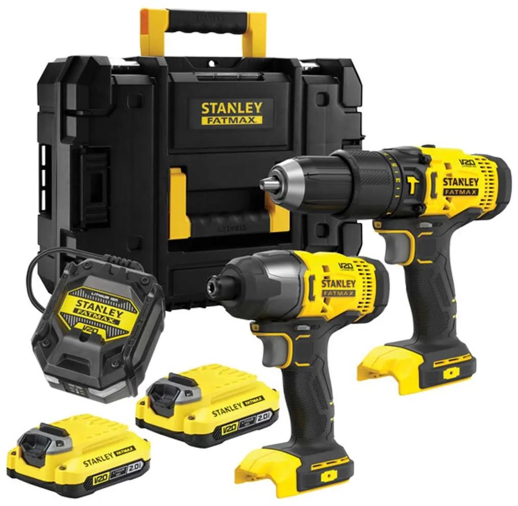 Stanley - 18V AKU sada příklepové vrtačky a rázového utahováku, 2x aku 2,0 Ah Li-Ion, nabíječka SFMCK465D2T-QW