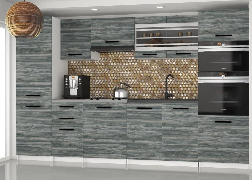 Kuchyňská linka Belini 300 cm šedý antracit Glamour Wood s pracovní deskou Syntka2 TOR SYNTKA2/7/WT/GW1/0/B1