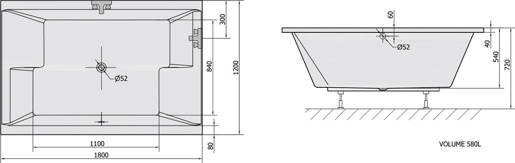 Polysan DUPLA obdélníková vana 180x120x54cm, bílá 13611