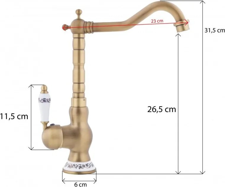 Erga Batug, retro dřezová baterie h-315, mosazná-bílá, ERG-YKA-BZ.BATUG-GLD