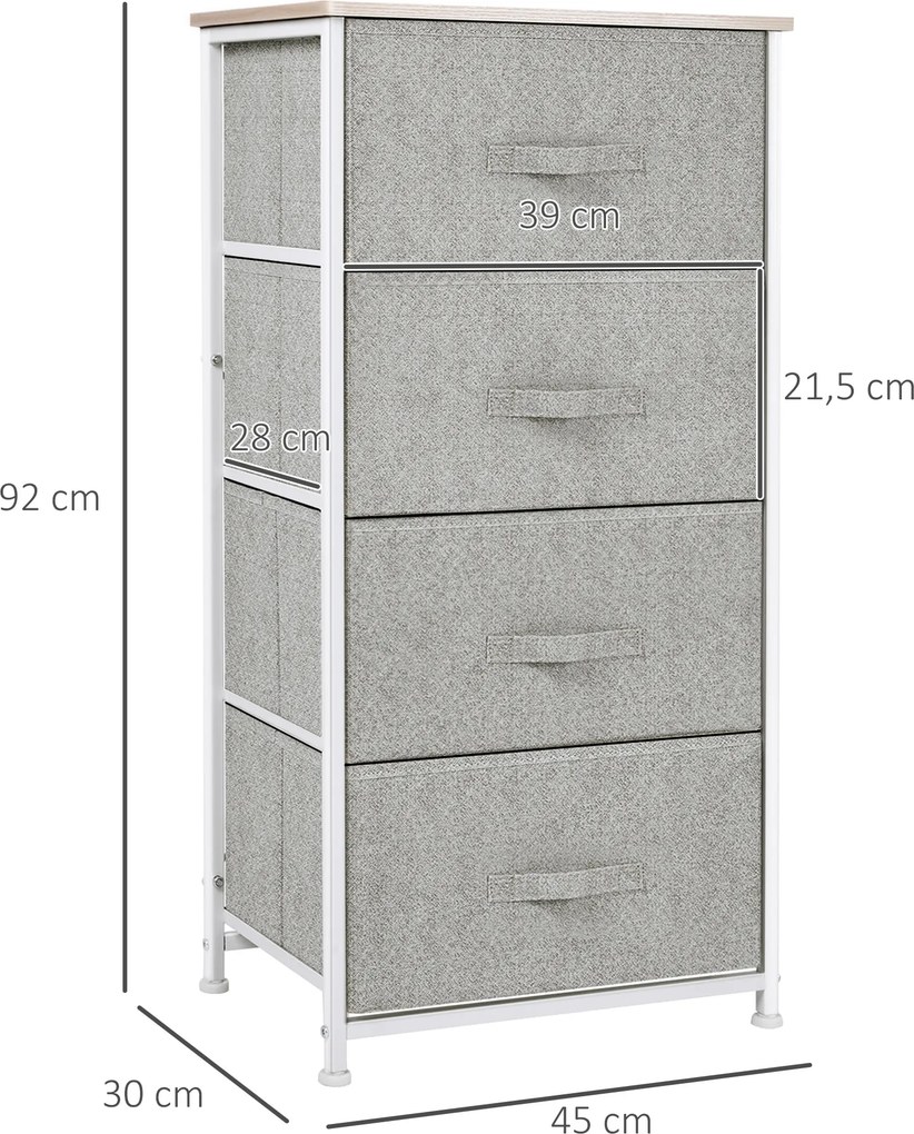 HOMCOM Komoda se 4 látkovými zásuvkami, úložný kabinet multifunkční pro ložnici, obývací pokoj a chodbu 45x30x92 cm šedá