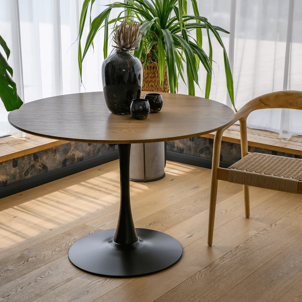 Jídelní stůl, kulatý, dub/černá, průměr 110 cm, REVENTON NEW