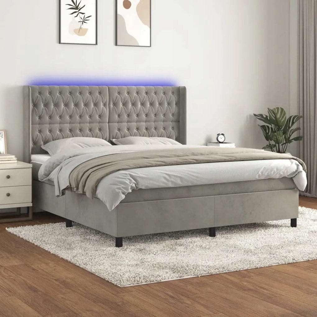 Box Spring Postel S Matrací A Led Samet Světle Šedá Prošívaný design 180