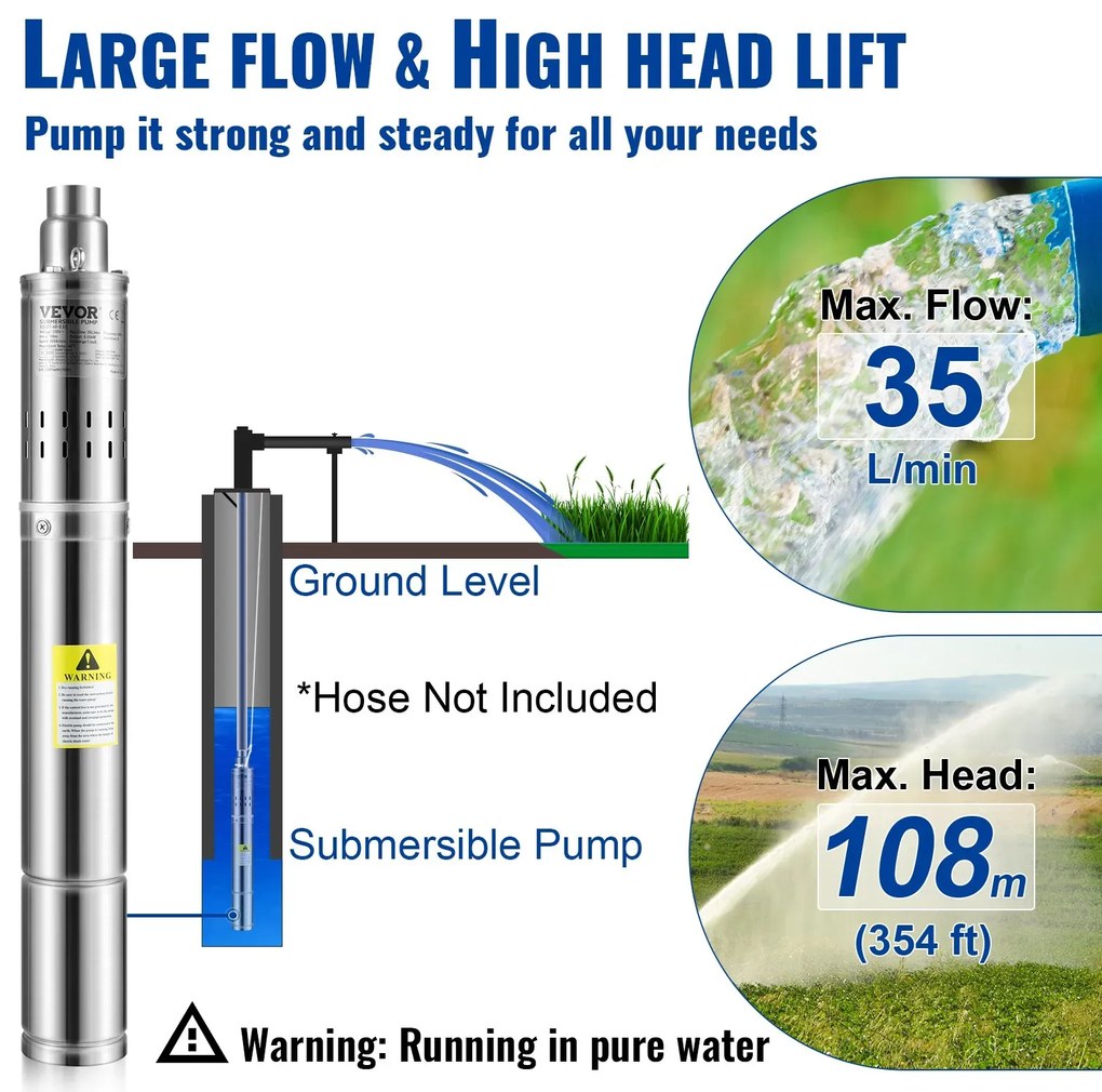 E-CrossStu GmbH Ponorné čerpadlo do studní hlubinných vrtů, 550 W 230 V/50 Hz, průtok 35 l/min, výška 108 m
