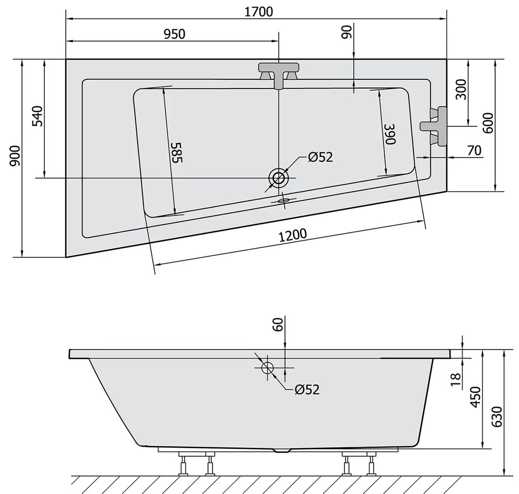 Polysan ANDRA L SLIM asymetrická vana 170x90x45cm, bílá, 81111S