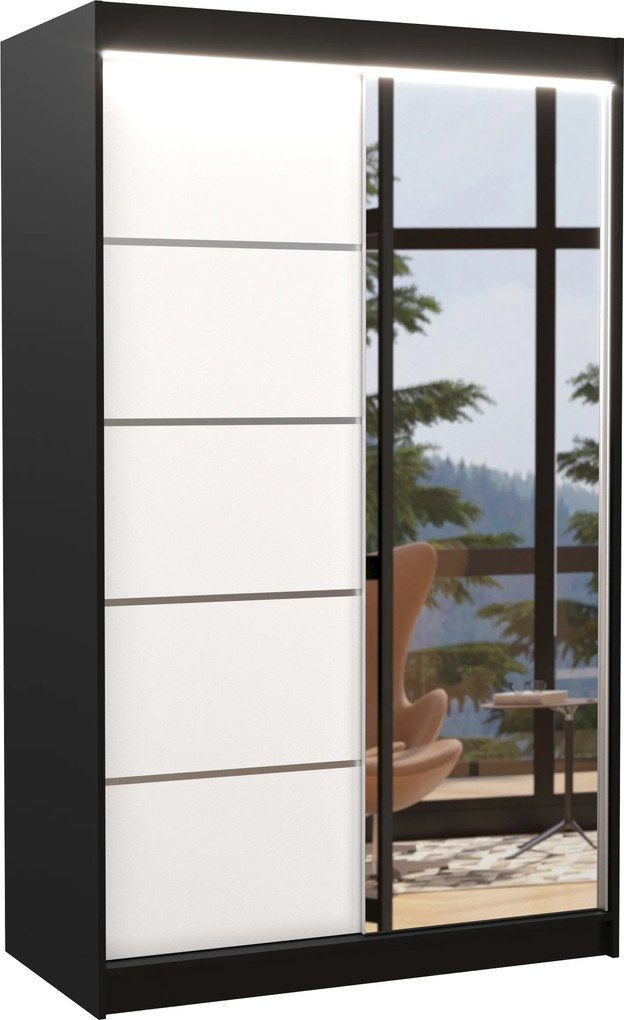 ADRK Furniture Posuvná skříň se zrcadlem a LED osvětlením NICEA 120 SW-NIC- B+W-120+L-V048