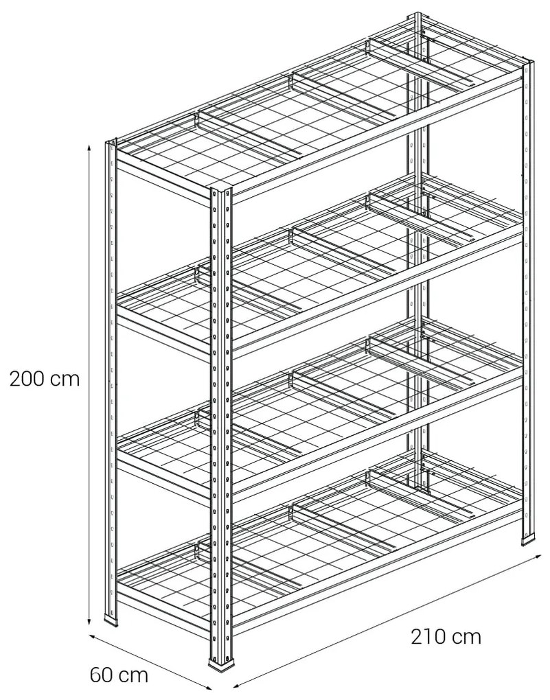 Kovový regál BULLRACK RIVET, 200x210x60 cm, 4x síťovaná drátěná police, 600 kg na polici, zinek