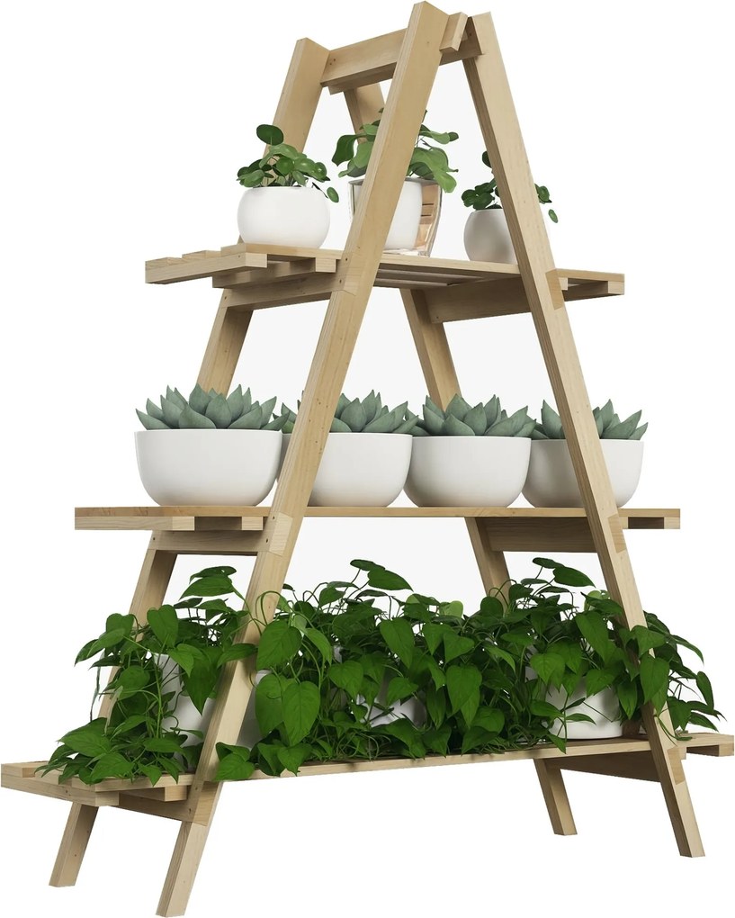 Outsunny Pyramidový skládací dřevěný květinový stojan - Dřevěný stojan na rostliny se 3 policemi - Rozměry 100D x 36Š x 112V cm - Světlé masivní smrk