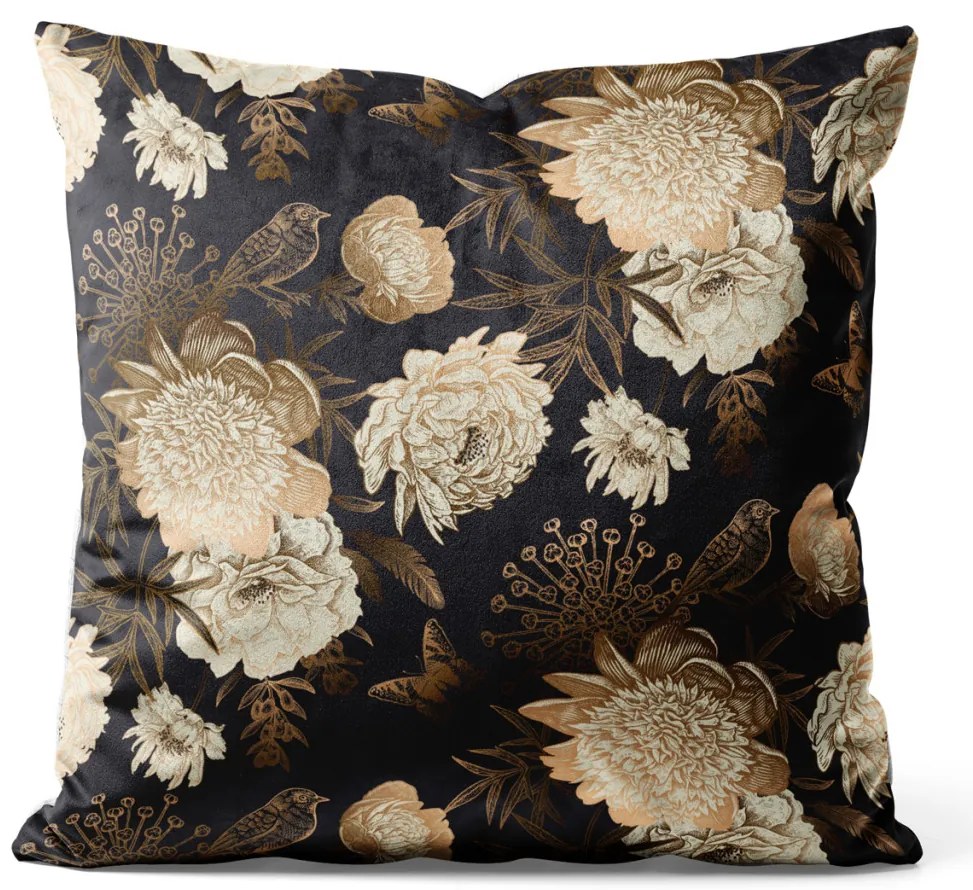 Dekorační velurový polštář Kytka noci - elegantní květinová kompozice v odstínech zlata