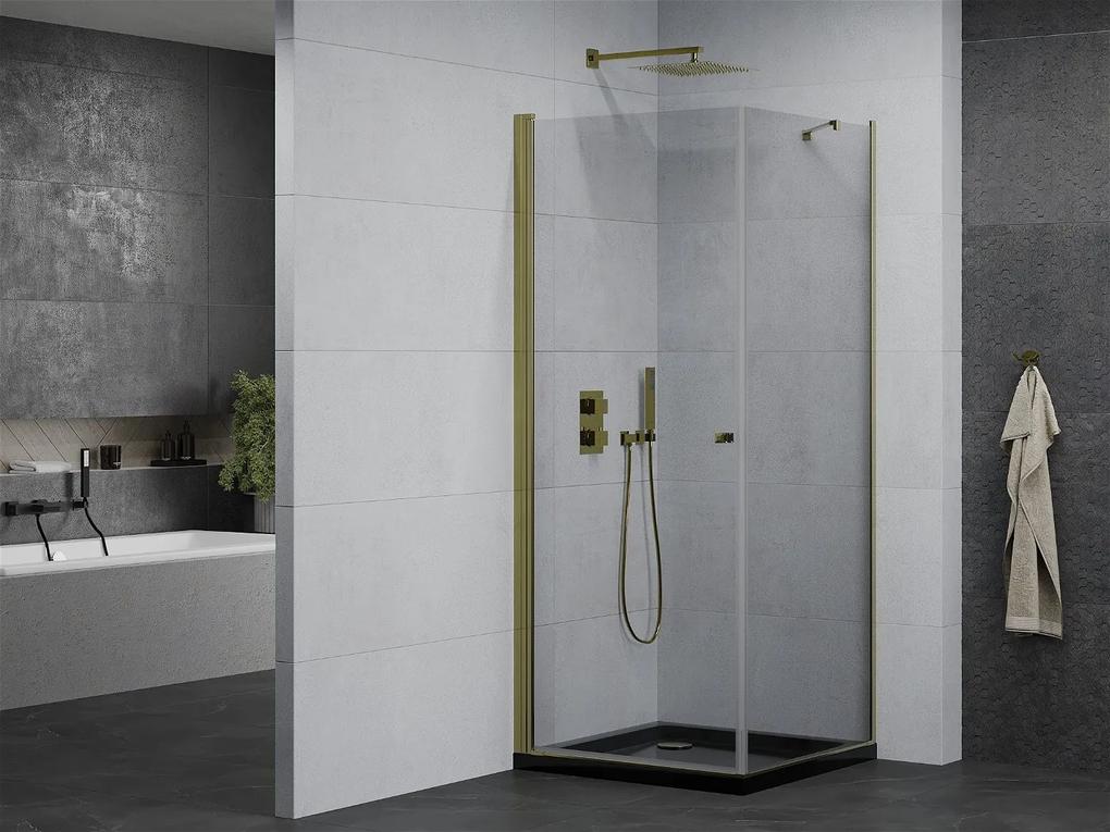 Mexen Pretoria, sprchový kout 70 (dveře) x 70 (stěna) cm, 6mm čiré sklo, zlatý profil + černá sprchová vanička, 852-070-070-50-00-4070G