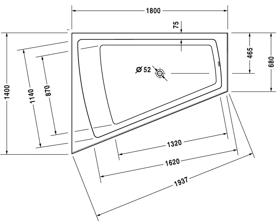 Duravit Paiova - vana 180x140 cm, s vytvarovaným sklonem pro záda na levé straně, s panelem a nohami 700268000000000