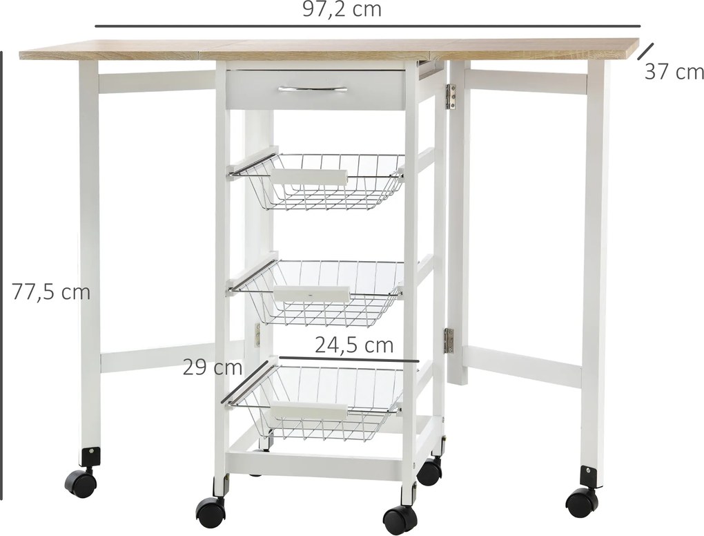 HOMCOM Skládací kuchyňský vozík s 6 koly, 1 zásuvkou a 3 kovovými koši - Multifunkční servisní vozík pro úložný prostor s nosností 50 kg, 97,2x37x77,…