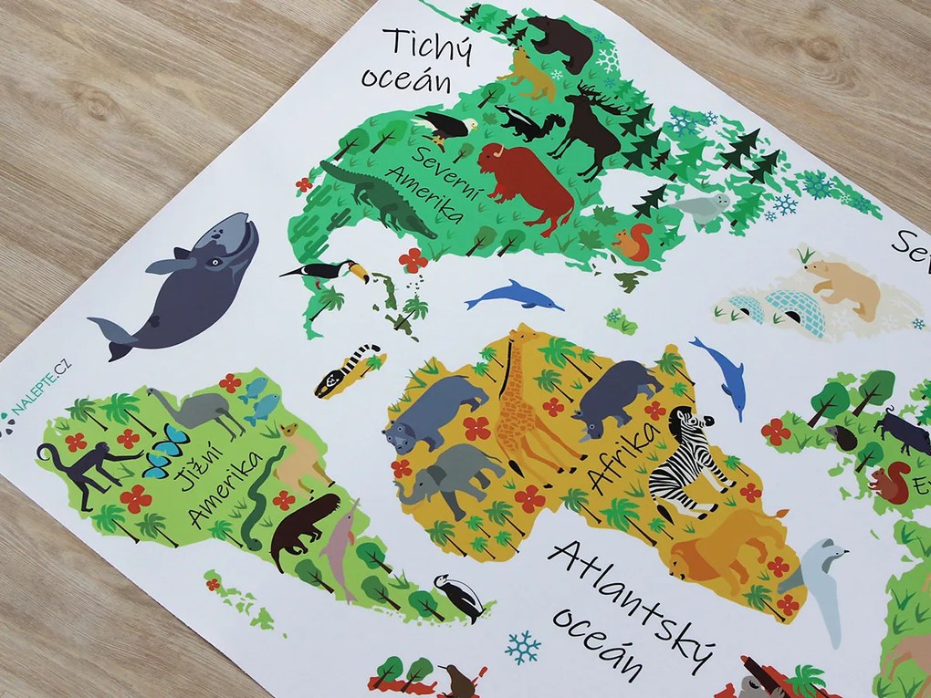 Mapa světa se zvířátky textilní přelepitelné samolepky na zeď 75 x 59 cm