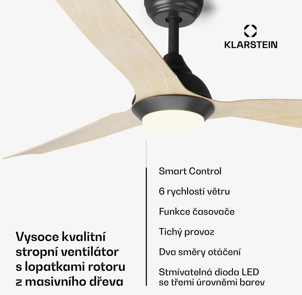 Klarstein Fiji Flow 2 v 1 Smart, stropní ventilátor, Ø 132 cm, LED světlo, dálkové ovládání, ovládání přes aplikaci, dvousměrný provoz