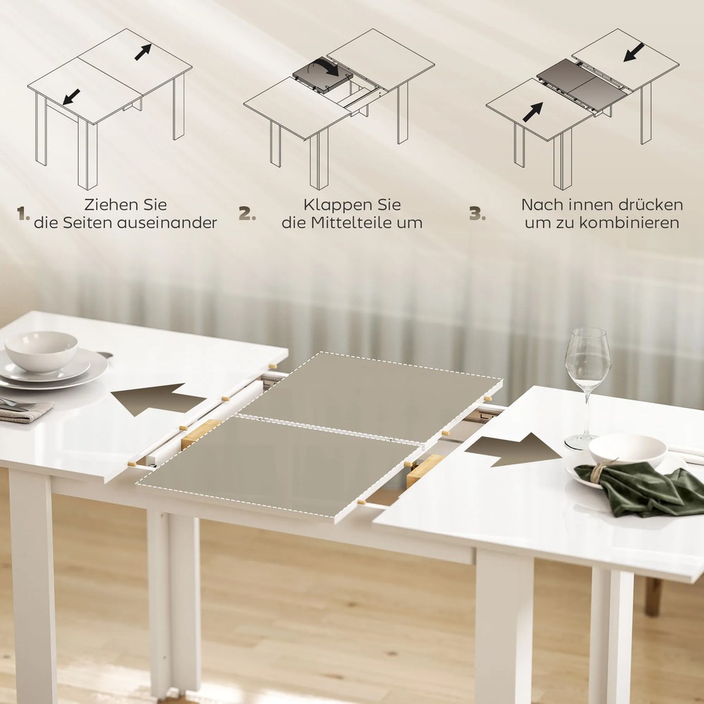 HOMCOM Rozkládací jídelní stůl, 120-160 x 70 cm, nastavitelný kuchyňský stůl pro 4-6 osob, MDF, vysoký lesk bílá