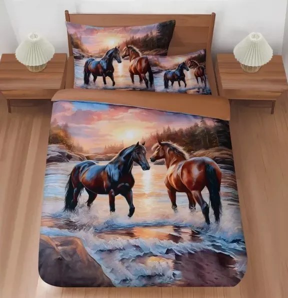 Jahu povlečení mikrosatén 3D Koně při soumraku 140x200+70x90 cm