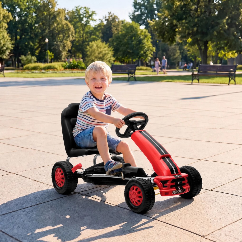 AIYAPLAY Go-Kart pro děti od 3 let s nastavitelným sedadlem, volantem, ruční brzdou, hliníkovým a ocelovým rámem, nosnost 30 kg, červený