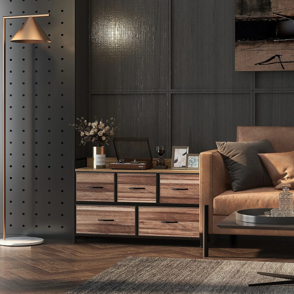 HOMCOM Komoda se 5 textilními zásuvkami 98 x 29 x 63 cm, černý ocelový rám