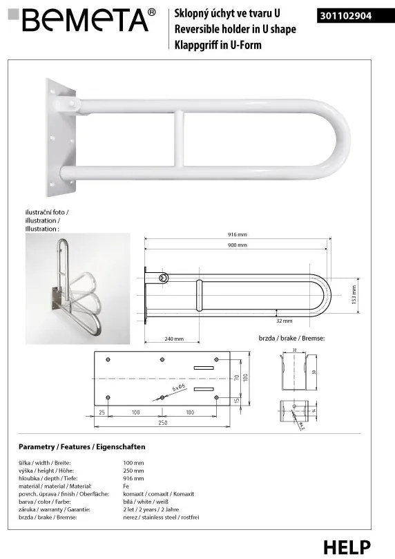 Bemeta Design HELP: Madlo, 900 mm, ve tvaru U, sklopné, bez krytky, bílá - 301102904