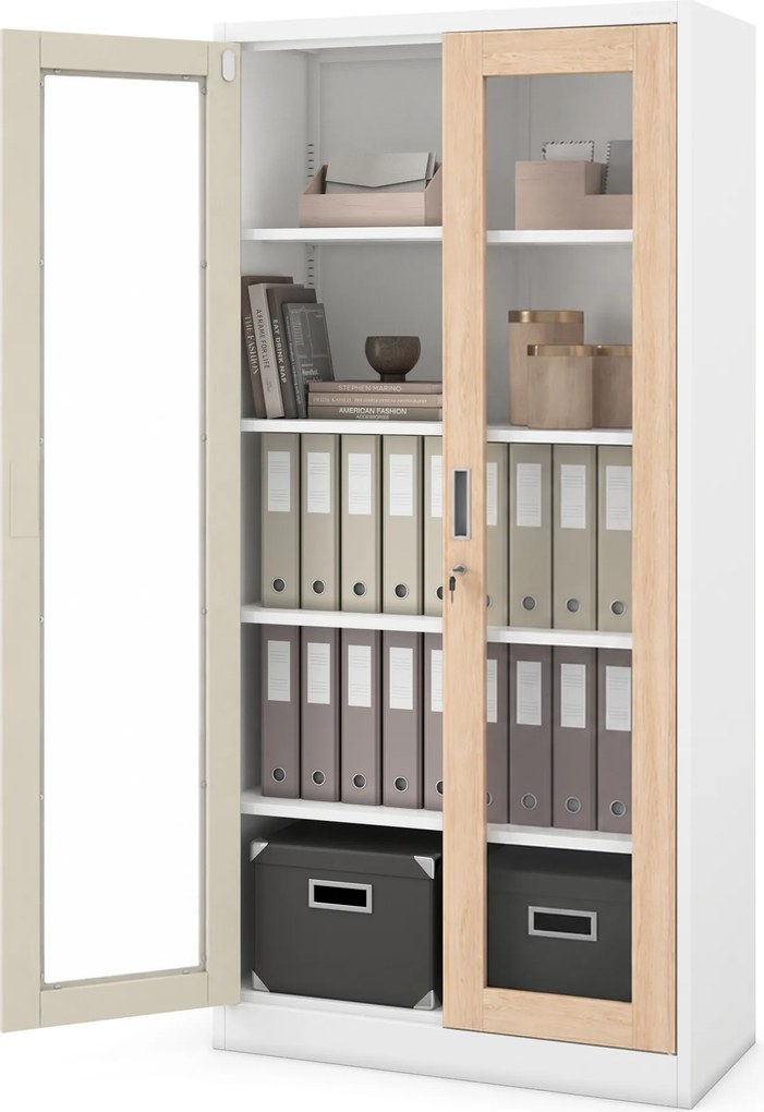 Kovová skříň s vitrínou bílá / dub sonoma: Eco Design AMELIA, 900 x 1850 x 400 mm