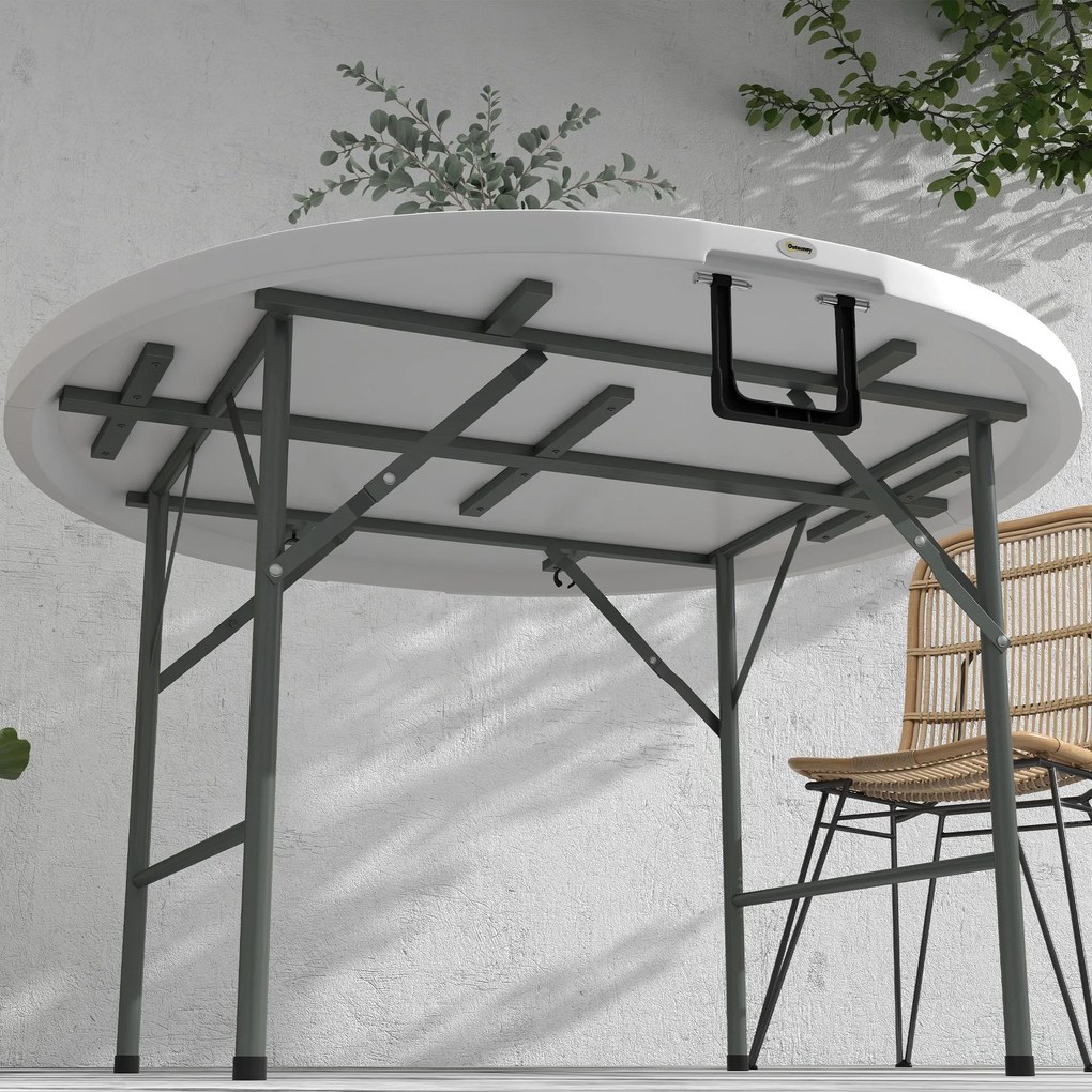 Skládací kulatý boční stůl Outsunny s ocelovou konstrukcí a HDPE deskou, nosnost 80 kg, pro vnitřní i venkovní použití Ø122x73 cm Bílá
